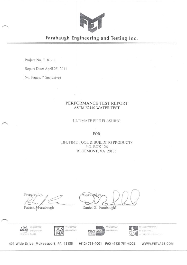 ASTM E2140 Ultimate Pipe Flashing® Static Water Test