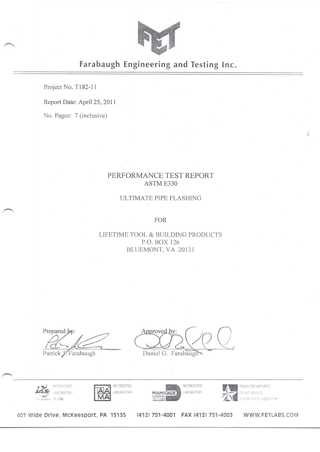ASTM E330-02 Ultimate Pipe Flashing® Static Load Test