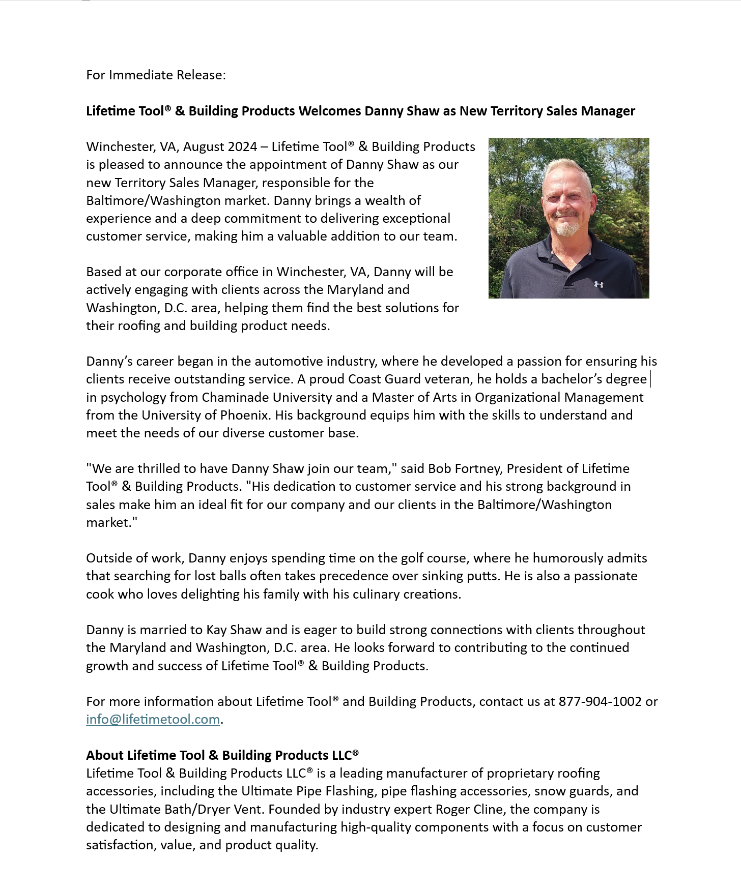 Welcomes Danny Shaw as New Territory Sales Manager